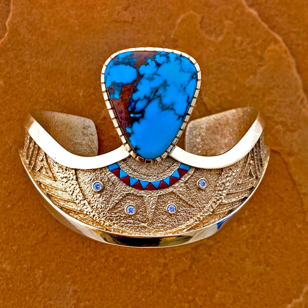 SOLD Ric Charlie 14k Gold Tufa Cast Bracelet with Candelaria Turquoise ...