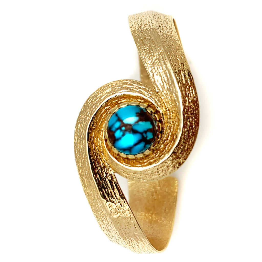 SOLD - Ric Charlie 14k Gold Tufa Cast Cuff Bracelet with Bisbee Turquo ...