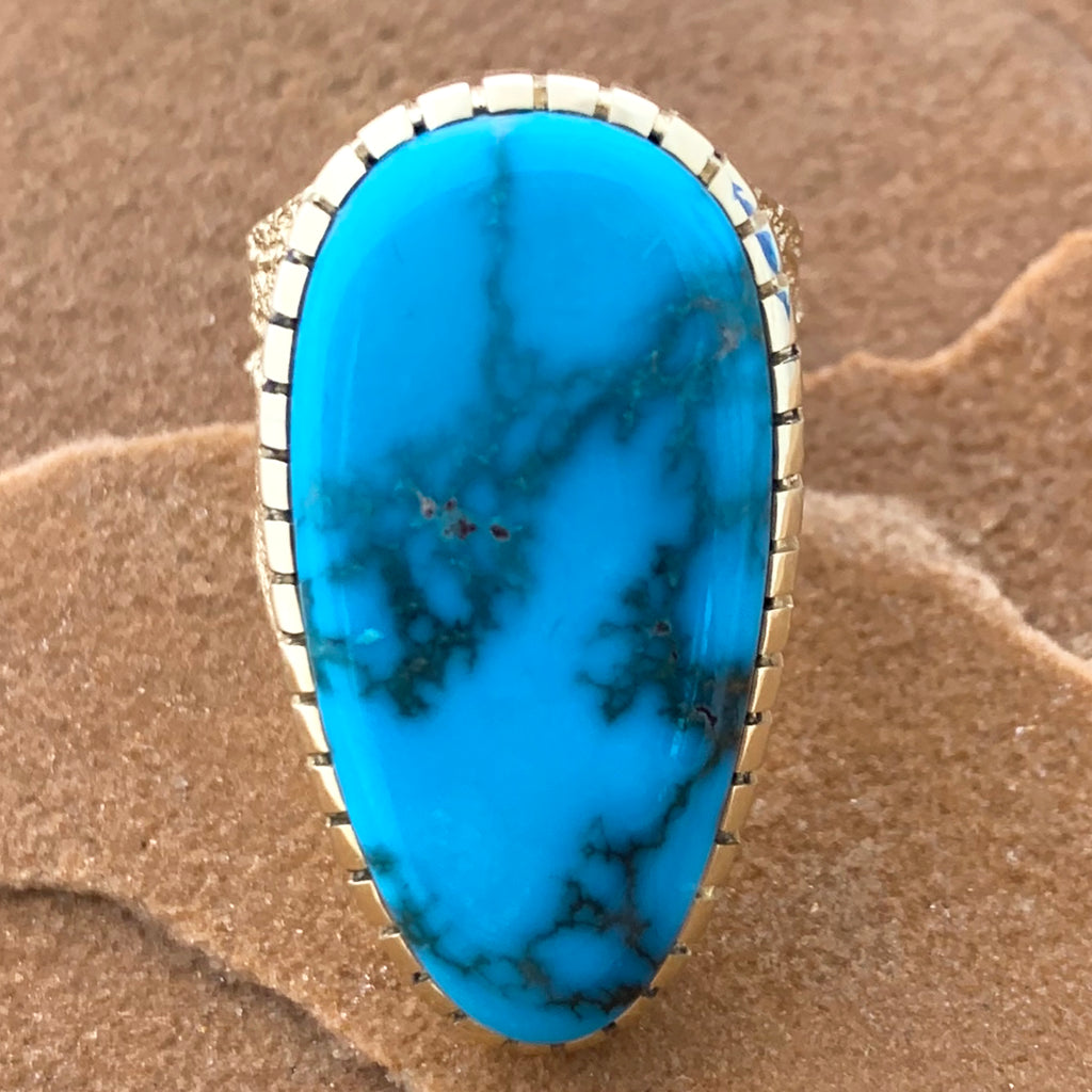 SOLD - Tufa Cast Gold Ring with Candelaria Turquoise – Ric Charlie Jewelry